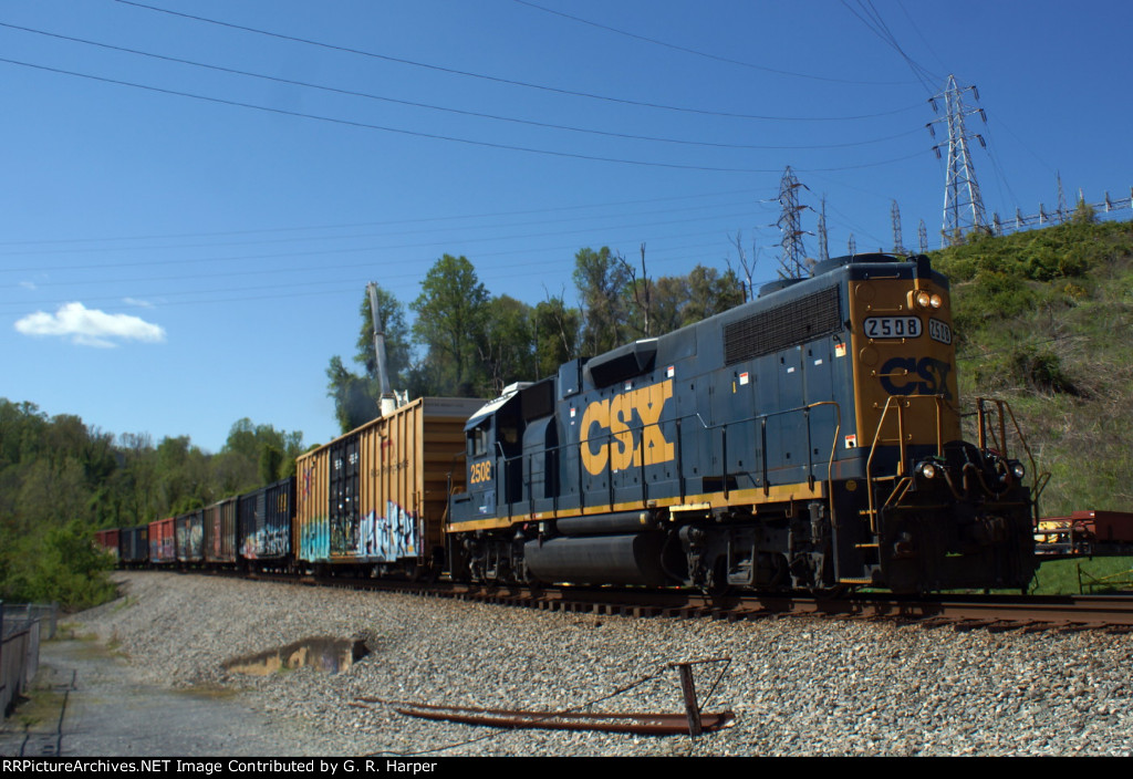 A brightly sunlit CSXT 2508 long hood forward in charge of the H74415.